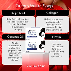 Kojie San Dream White Soap - Skin, Body, and Facial Brightening & Anti Aging Kojic Acid Soap with Collagen, Elastin & Coconut Oil - 65g x 2 Bars