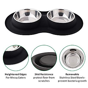 Roysili Double Dog Bowl Pet Feeding Station, Stainless Steel Water and Food Bowls with Non Skid Non Spill Silicone Mat, Quality Dog Bowl Holder for Small Medium Dogs Cats (MIini(for Puppies), Black)