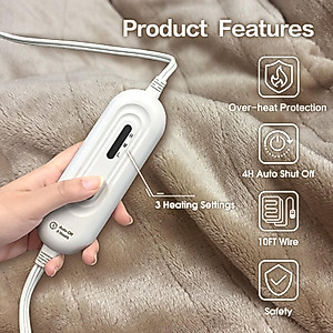 Tefici Electric Heated Blanket Throw, Super Cozy Soft Flannel 50" x 60" Heated Throw with 3 Fast Heating Levels & 4 Hours Auto Off, Machine Washable, ETL&FCC Certification, Home Office Use, Camel