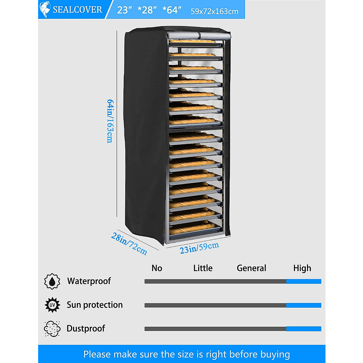Sealcover Pan Rack Cover, High Density Waterproof and Dustproof Bread Rack Cover, 23"x28"x64", Bakery Single Rack Covers.