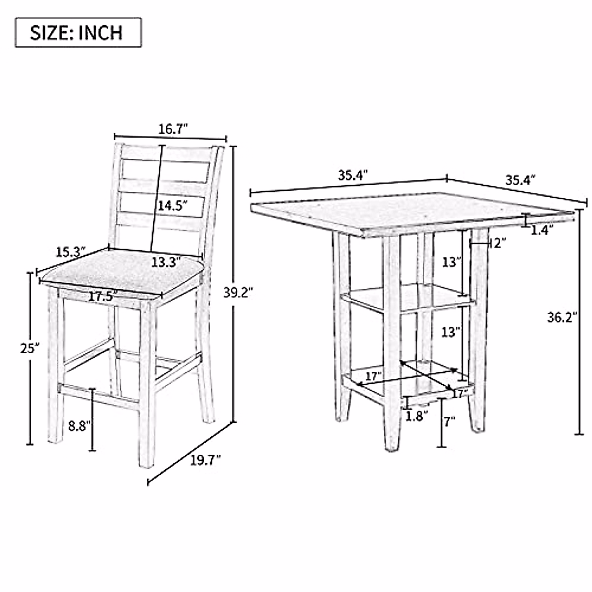 FANYE 5-Piece Counter Height Kitchen & Dining Room Dinette Furniture Sets Include Wooden Square Table with Bottom Storage Shelves and 4 Upholstered Back Chairs for 4 Persons Family Meal,Gray, Grey
