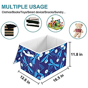 CaTaKu Cute Blue Dragonfly Storage Bins with Lids and Handles, Fabric Large Storage Container Cube Basket with Lid Decorative Storage Boxes for Organizing Clothes