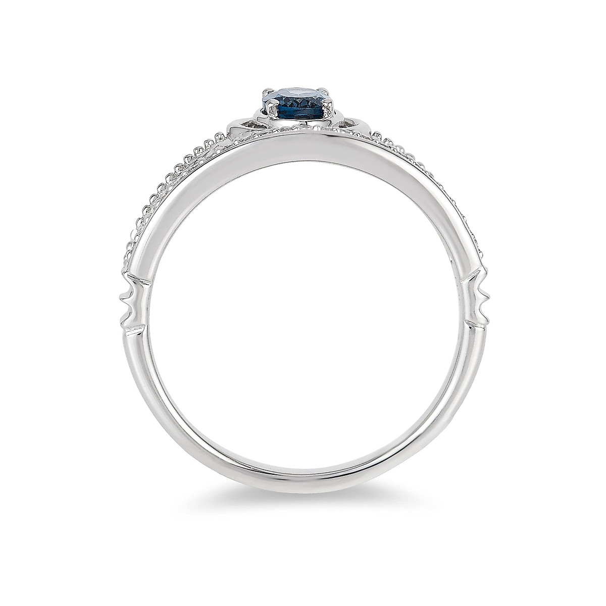 Jewelili Enchanted Disney Fine Jewelry Sterling Silver 6x4 MM London Blue Topaz with 1/10 Cttw Diamonds Cinderella Carriage Tiara Ring Size 8