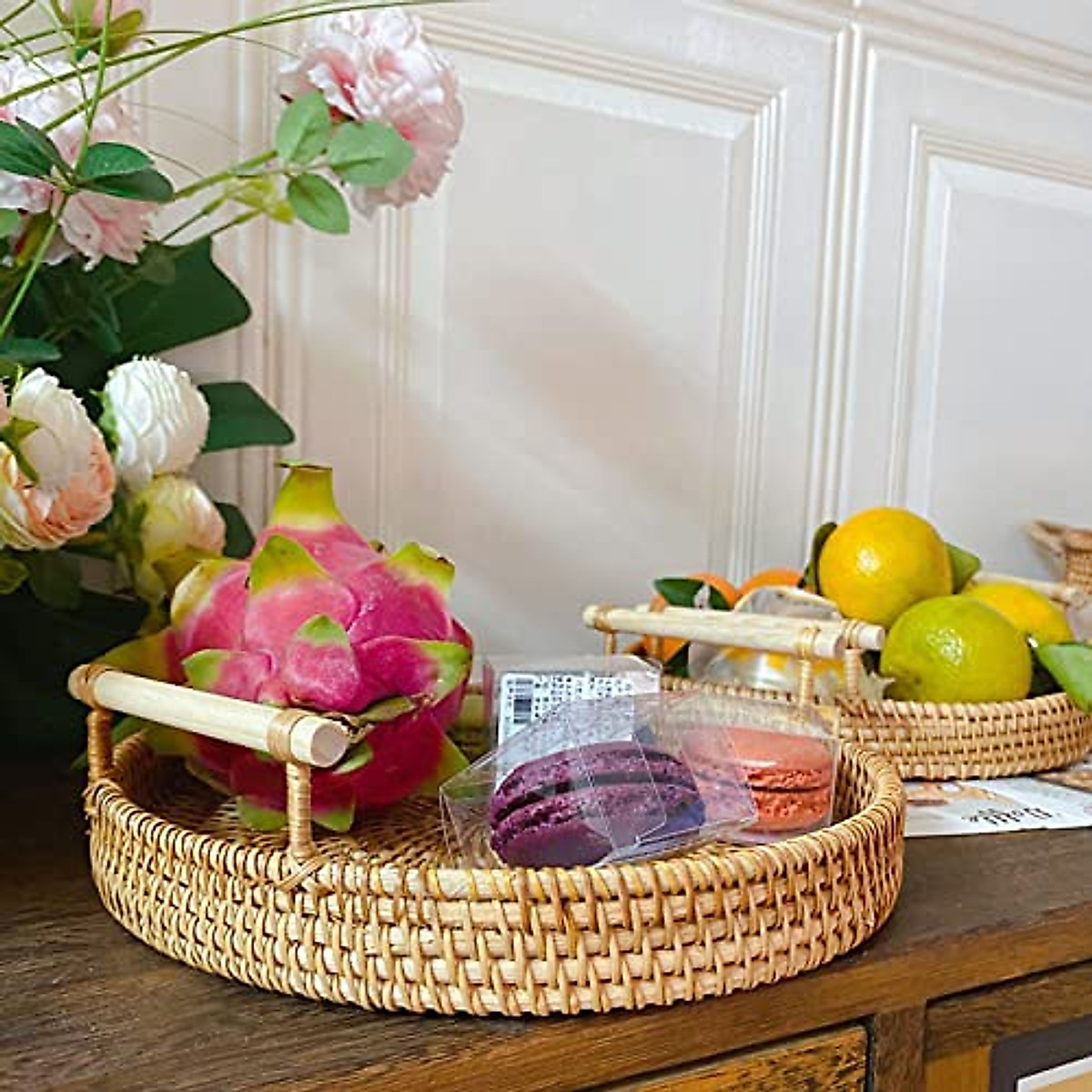 Ochine 1 Pack Wood Serving Tray Woven Serving Tray with Handles, Round Bread Serving Basket Poly-Wicker Basket Tray Decorative Rattan Fruit Tray for Serving Bread Vegetable Snack