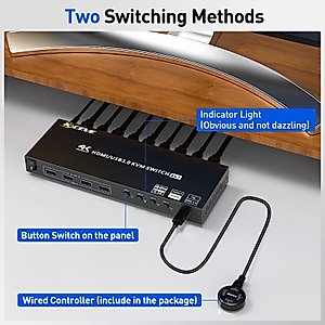 USB 3.0 KVM Switch HDMI 4 Port Support 4K@60Hz 2K@120Hz RGB 4:4:4 Simulation EDID, HDMI USB Switch for 4 Computers Share 1 Monitor and 4 USB 3.0 Ports with Controller, Power Adapter and KVM Cables