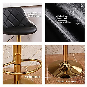 Chummaven Black PU Leather Swivel Counter Height Bar Stools, Adjustable Bar Chairs Set of 2, Modern Barstools Lift Stools with Mid Back and Gold Footrest for Kitchen Pub Dining Room Counter