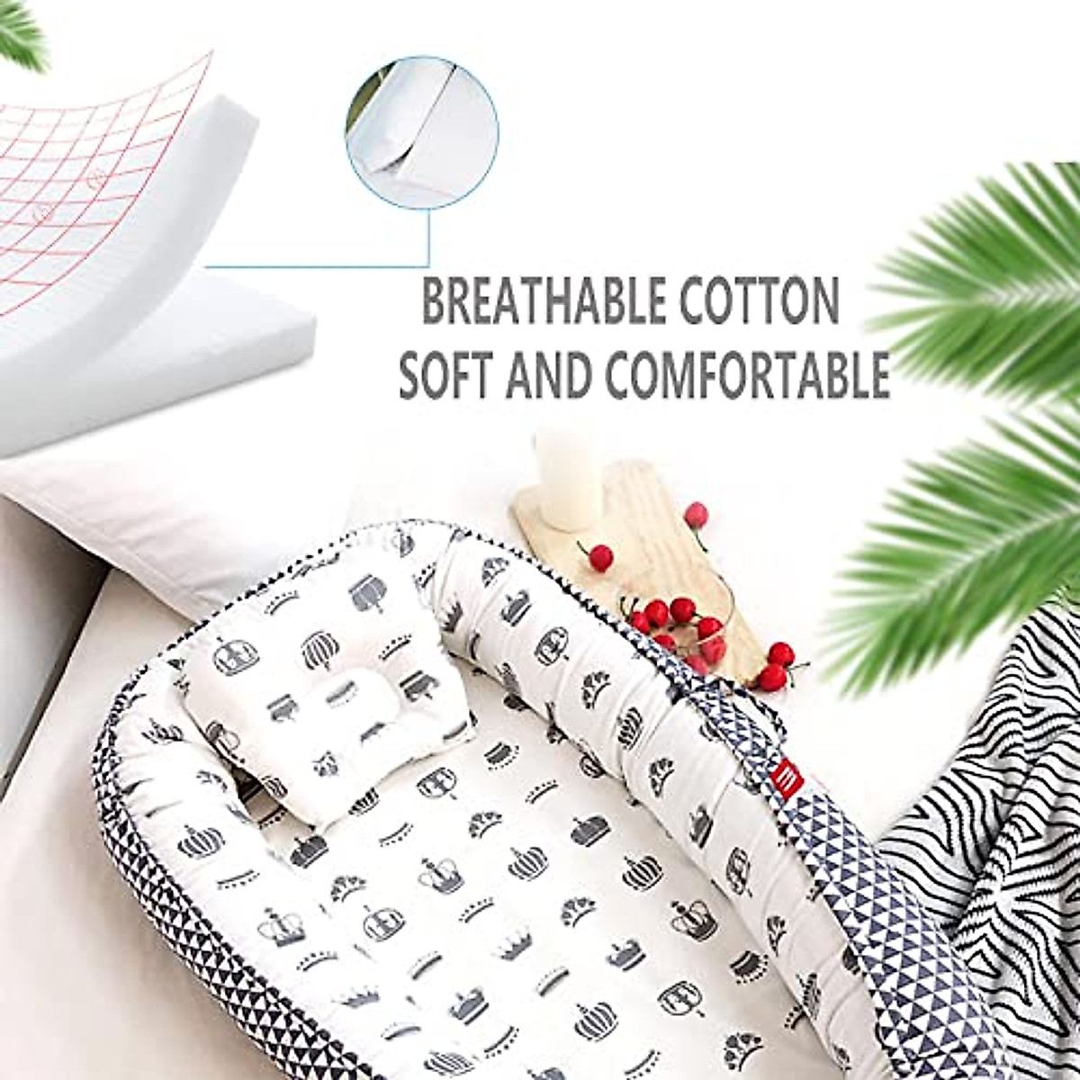 Baby Lounger for Co Sleeping Newborn Lounger Cover Sleeper Baby Sleeping Bed, 100% Soft Breathable Newborn Lounger Nest for 0-12 Months Infant Lounger Floor (B3-Lake Blue Rabbit)