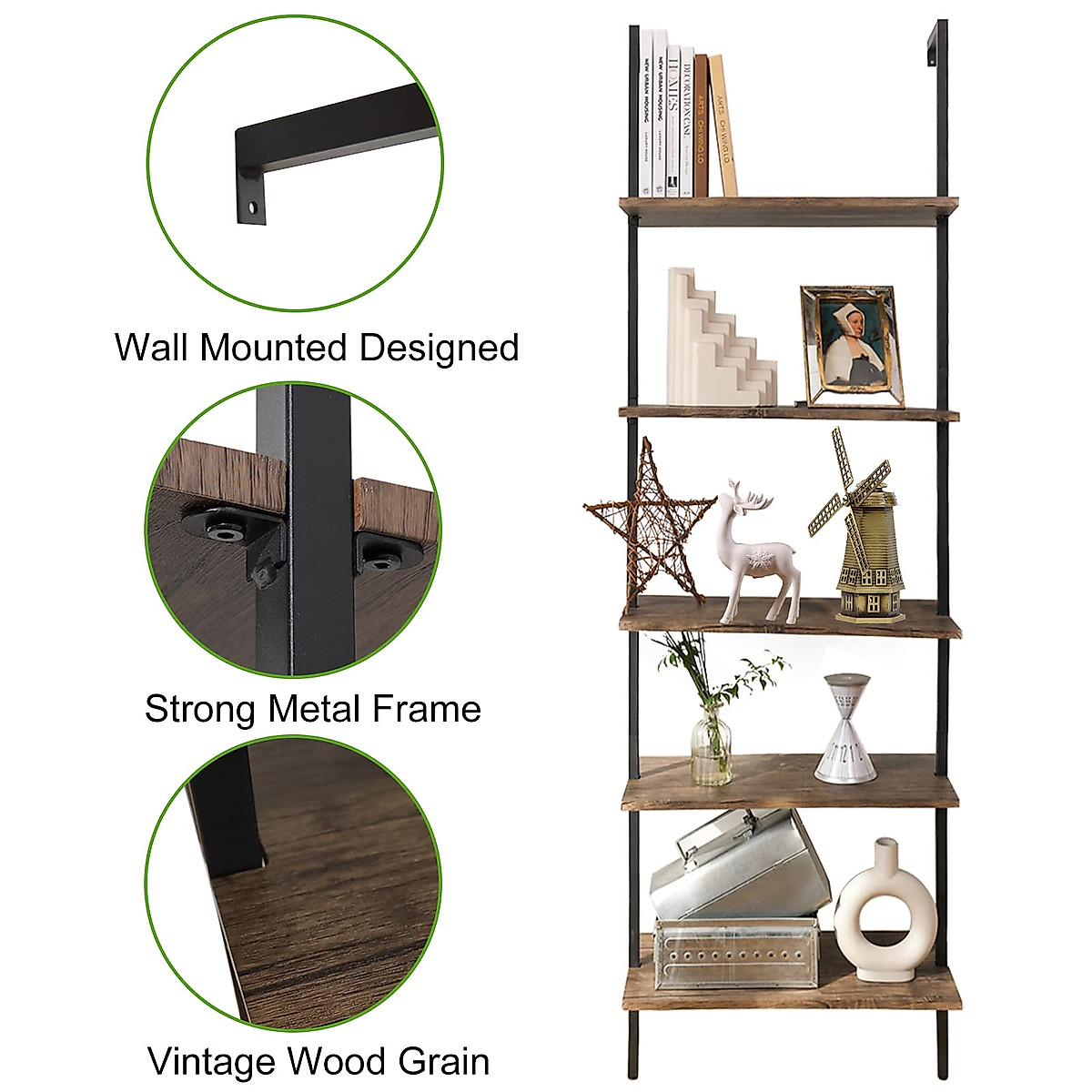 aboxoo Ladder Shelf Open Bookshelf 5-tier Wall-mounted Wood Bookcase Storage Rack Open back Industrial Modern Plant Flower Stand Utility Organizer Bookcase Metal Frame Furniture Office Kitchen Bedroom