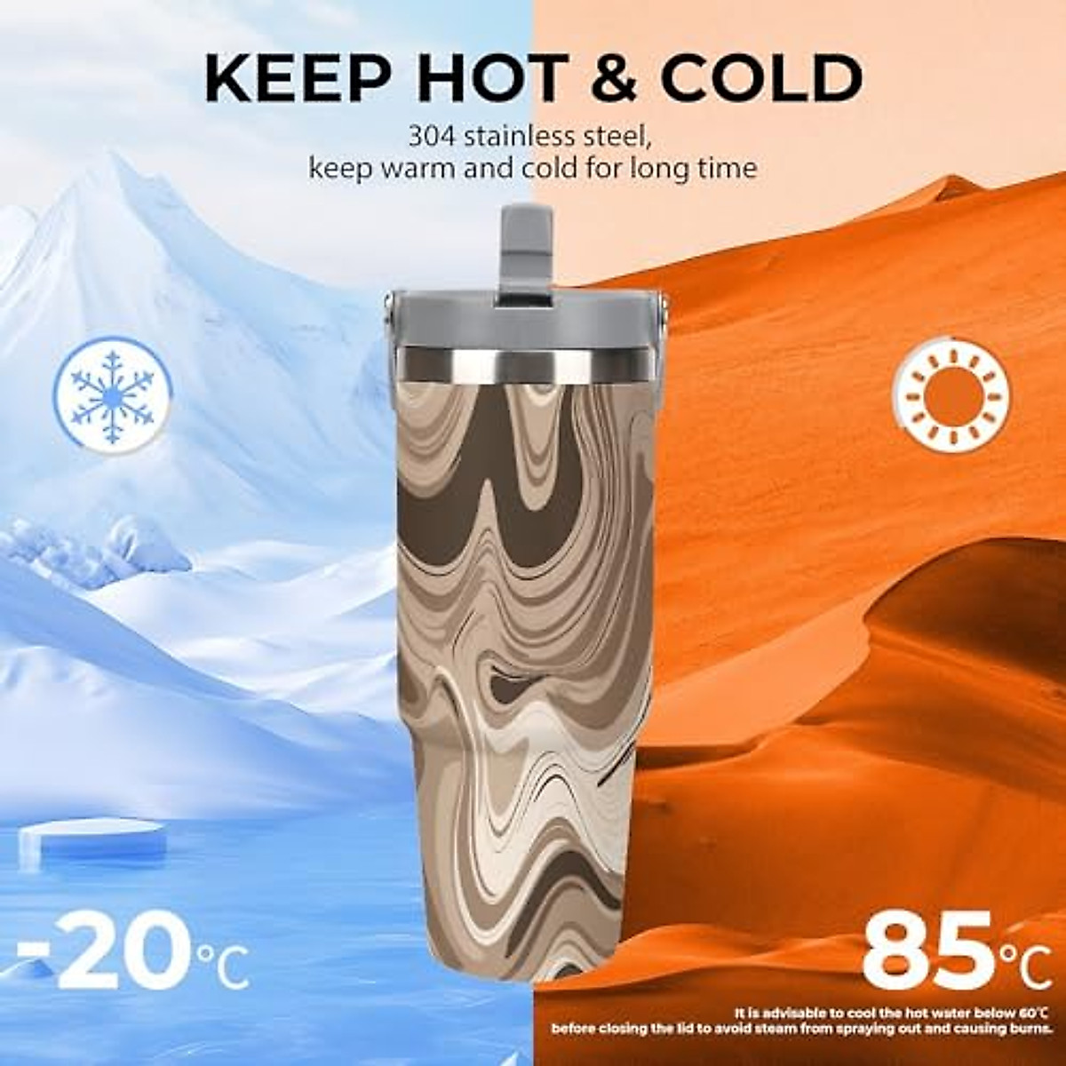 WITHSBKK 30oz Car Cup Taupe And White Printed with Portable, Stainless Steel Travel Mug, Vacuum Insulated Tumbler And Straw, Leakproof for Car & Outdoor, UV Printed Design