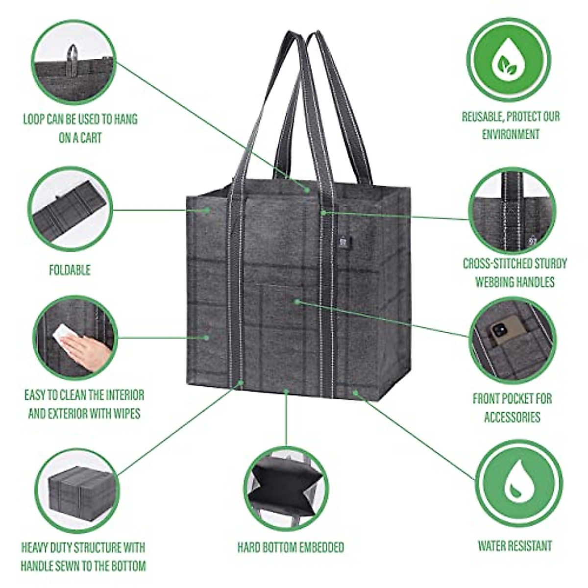 VENO 4 Pack Reusable Grocery Shopping Bag w/Hard Bottom, Foldable, Multi-Purpose Heavy-Duty Tote, Daily Utility Bag, Stands Upright, Sustainable (Set of 4 - Windowpane)