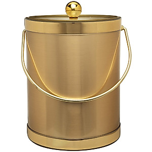 Mr. Ice Bucket By Stephanie Imports Hand Made In USA Brushed Gold Double Walled 5-Quart Insulated Ice Bucket With Ice Tongs (Metallic Deco Collection)
