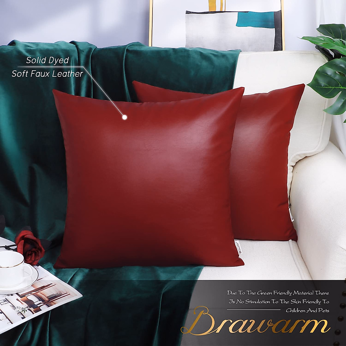 BRAWARM Faux Leather Throw Pillow Covers 20 X 20 Inches - Deep Red Leather Pilow Covers Pack of 2, Solid Dyed Leather Pillowcases for Couch Bed Sofa Garden Home Decorative
