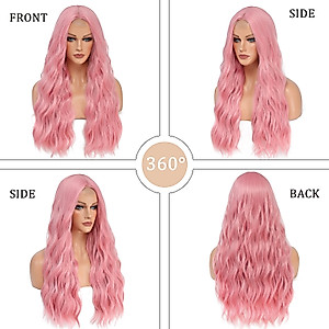 YBYMCAI Pink Wig - Long Pink Wavy Wigs for Women Middle Part Pastel Pink Wig 26 inch Natural Curly Synthetic Wig Heat Resistant Fiber Wigs for Daily Party Use