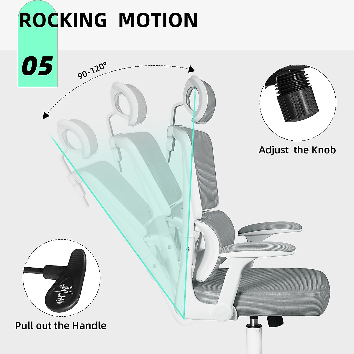 Ergonomic Office Chair Lumbar Support, High Back Office Chair with Adjustable Headrest and Arms, Mesh Computer Desk Chair Tilt Function, Swivel Task Chair 300lbs for Home Office, Grey