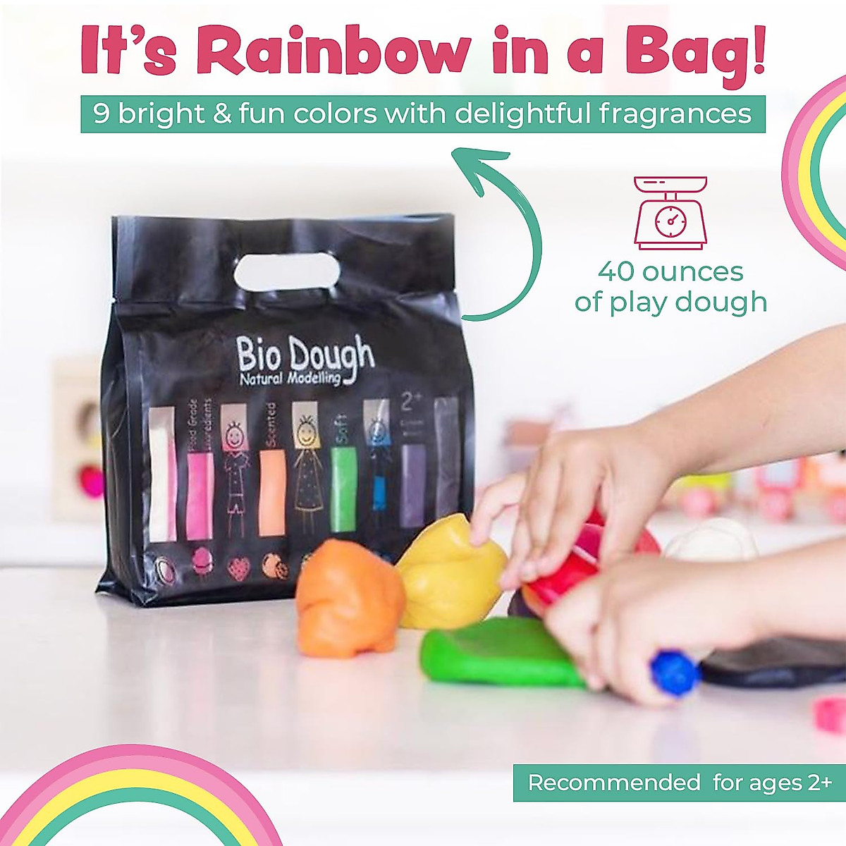 Bio DoUgh Natural Play Dough - Handmade in Australia - Scented, Non-Toxic & Reusable Modeling Dough for Kids - Food Grade Ingredients - Perfect for Creative Play, Arts & Crafts | 39.7oz (9 Colors)