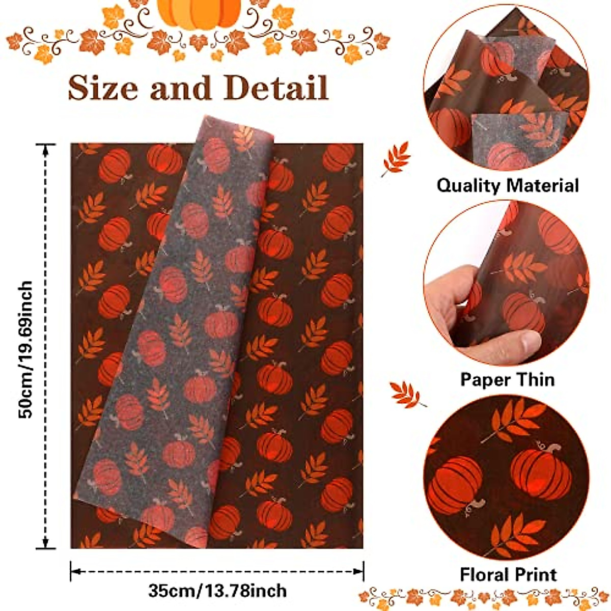 SANNIX 100 Sheet Fall Thanksgiving Tissue Paper, Pumpkin Maple Leaves Plaid Dots Crafts Paper Orange Yellow Autumn Wrapping Paper for Fall Harvest Thanksgiving Gift Wrapping Decorations (10 Design)