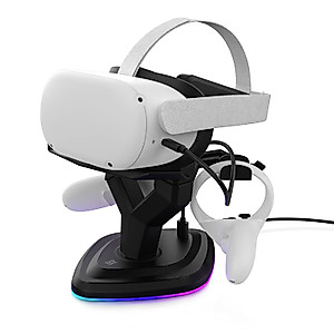 AMVR RGB Stand Holder Compatible with Oculus/Meta Quest 3/Quest 3S/Quest 2/Quest Pro/Pico 4/PSVR 2, Vertical VR Headset Charging Dock, Colorful Breathing Light