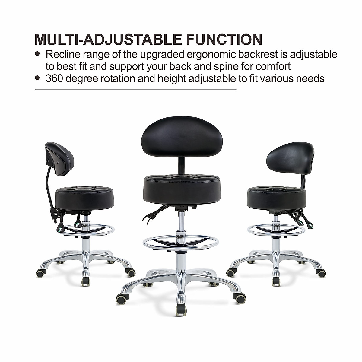 Grace & Grace Height Adjustable Rolling Swivel Tall Stool Chair with Back Support,Heavy Duty Stool with Wheels for Salon,Massage, Factory, Shop,Work (Black,with Back Support)