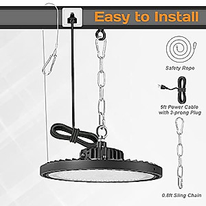 ICEKO KN [2-Pack] UFO LED High Bay Lights,LED Shop Light 150W/21000LM/6000K/(Eqv.400W HID),with Hanging Chain,Safe Rope,6ft Power Cable&Plug,for Barn,Garage,Warehouse,Basement,Workshop,Wet Location