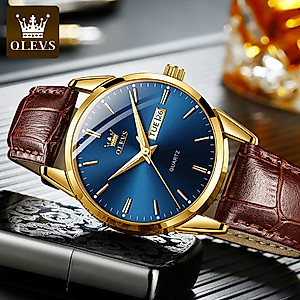 OLEVS Blue Men Leather Watch,Mens Watch Brown Leather,Mens Watch with Date and Day,Mens Watches Classic,Leather Band Watches for Men,Casual Men Watch Waterproof, Watch Men,Dress Mens Watch