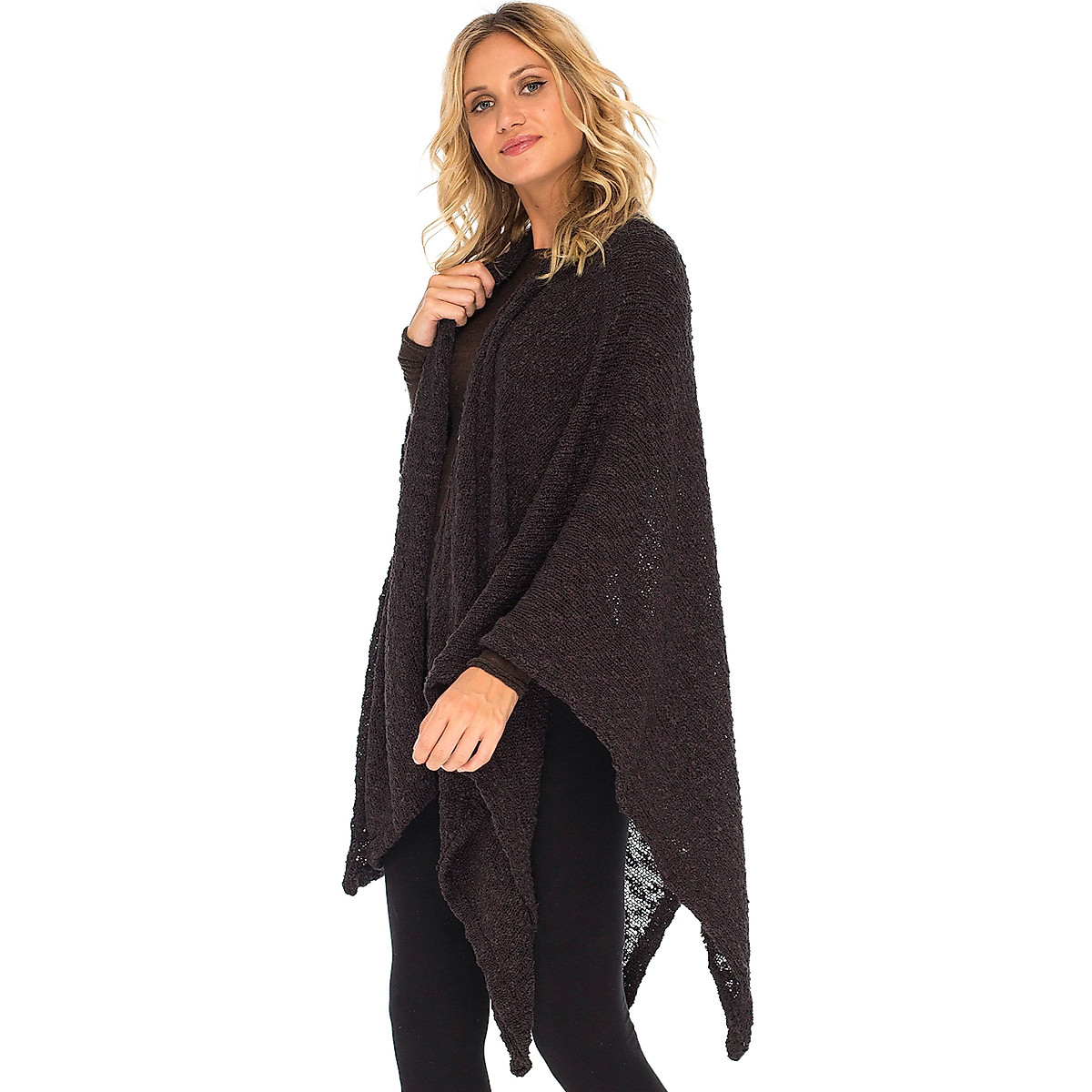 SHU-SHI Womens Cozy Knit Poncho Sweater Shawl Wrap Open Front Cape Lightweight Kimono