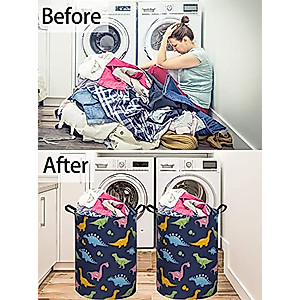 ESSME Kids Dinosaur Laundry Basket Dinosaur Storage Bin Collapsible Canvas Waterproof Coating Boys hamper for Toy Bins,Baby hamper,Boys Room Decor(Navy Blue dinosaur)