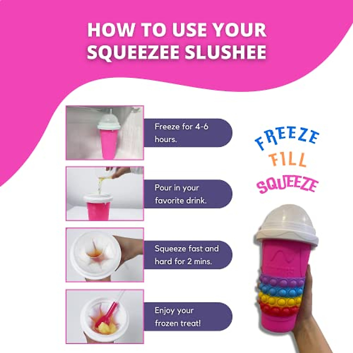 Pink Instant Slushie Cup,1 Pack Slushy Cup Maker Tiktok, Slush Squeeze Cup for Quick Diy with Straw Spoon, Cup Brush, Straw Brush, & Pop-It Cup Sleeve