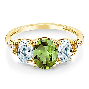 Gem Stone King 10K Yellow Gold Oval Green Peridot and Sky Blue Aquamarine Ring For Women (2.46 Cttw, Gemstone Birthstone) (Size 6)