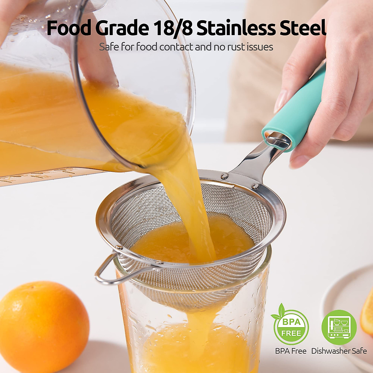 18/8 Stainless Steel Mesh Strainer: U-Taste 3.9 Inch Kitchen Fine Mesh Sieve Food Colander with Riveted Sturdy Silicone Handle and 30 Mesh Hole for Straining Flour, Quinoa, Tea, Juice (Aqua Sky)