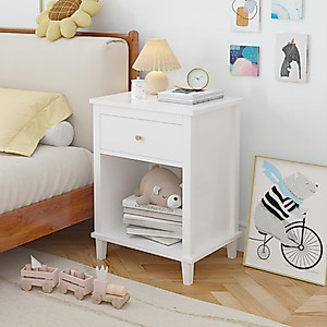 ABEJOJO Nightstand, 26.77''H Wooden End Table with One Drawer One Shelf, Solid Wood Legs, Bedside Table for Bedroom (White)