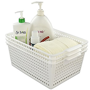 Fiazony 3-Pack Large Plastic Storage Basket, Plastic Storage Bin, White