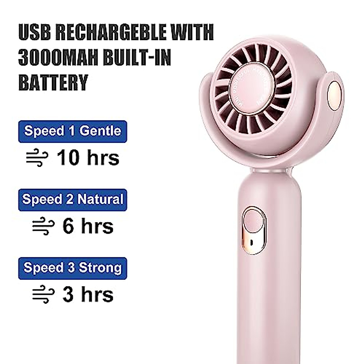 Odoland Portable Handheld Fan, Mini Personal USB Rechargeable Hand Fan with 3 Speed Small Pocket Fan Personal Desk Table Fan for Outdoor Travel Office Women Men, Pink