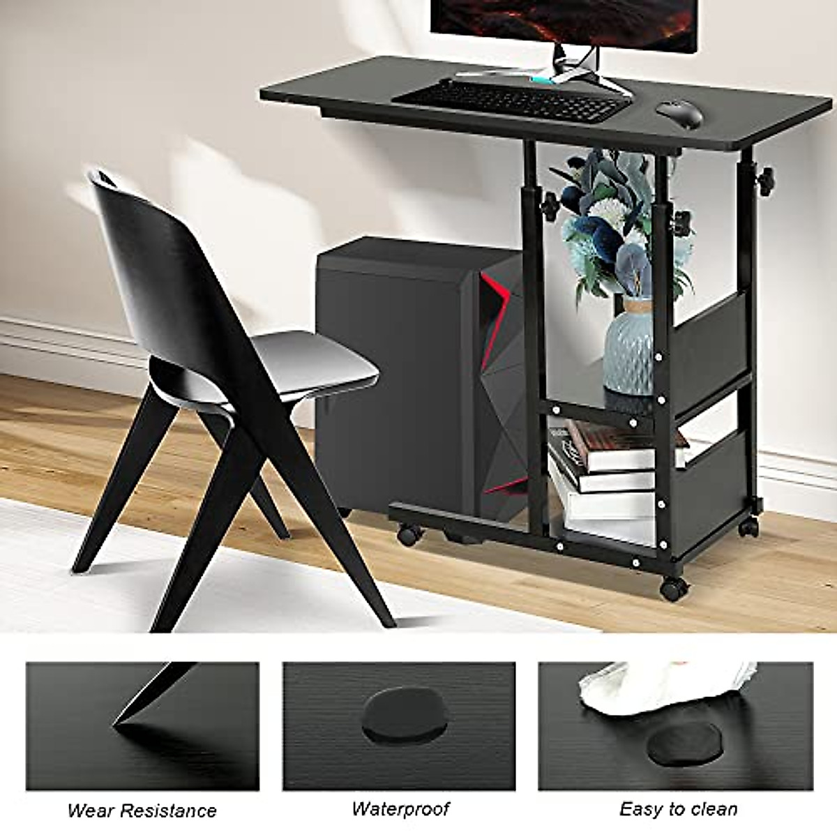 Laptop Desk Small Desks for Small Spaces Adjustable Table for Couch Desk, 31.5" Small Mobile Rolling Portable Student Desk on Wheels Computer Table Adjustable Desk for Bedroom Home Office Black Desk