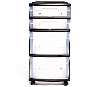Homz Plastic 4 Clear Drawer Medium Home Organization Storage Container Tower with 2 Large Drawers and 2 Small Drawers, Black Frame