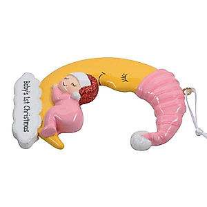 Baby's 1st Christmas Personalized Ornament - Pink Baby Girl Sleeping on Moon - Young Child Christmas Ornament - Keepsake Gifts for Newborn Infant Toddler First Xmas - Free Customization