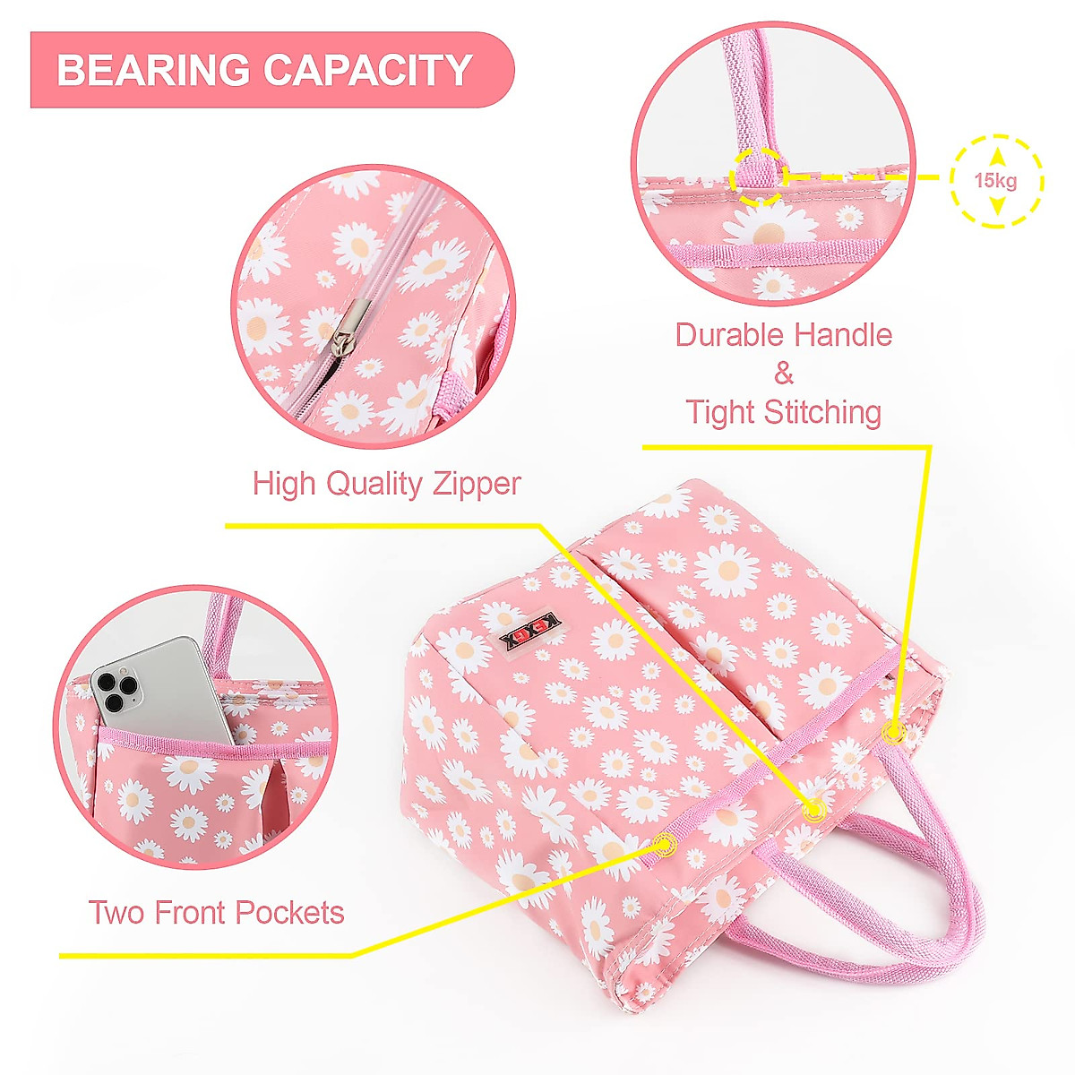 KEXGX Lunch Bag for Women, Insulated Lunch Bag Lunch Box for adults Lunch Box for Women Reusable Thermal Cooler Lunch Box for Work School Picnic Outdoor (Pink)