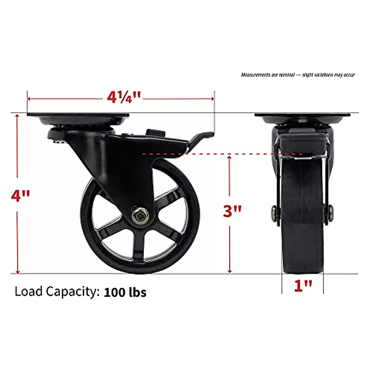 Headbourne 8276E 3 inch Polyurethane Mag, 4 Pack Designer Caster, 3-Inch, Gloss Black, 4 Count