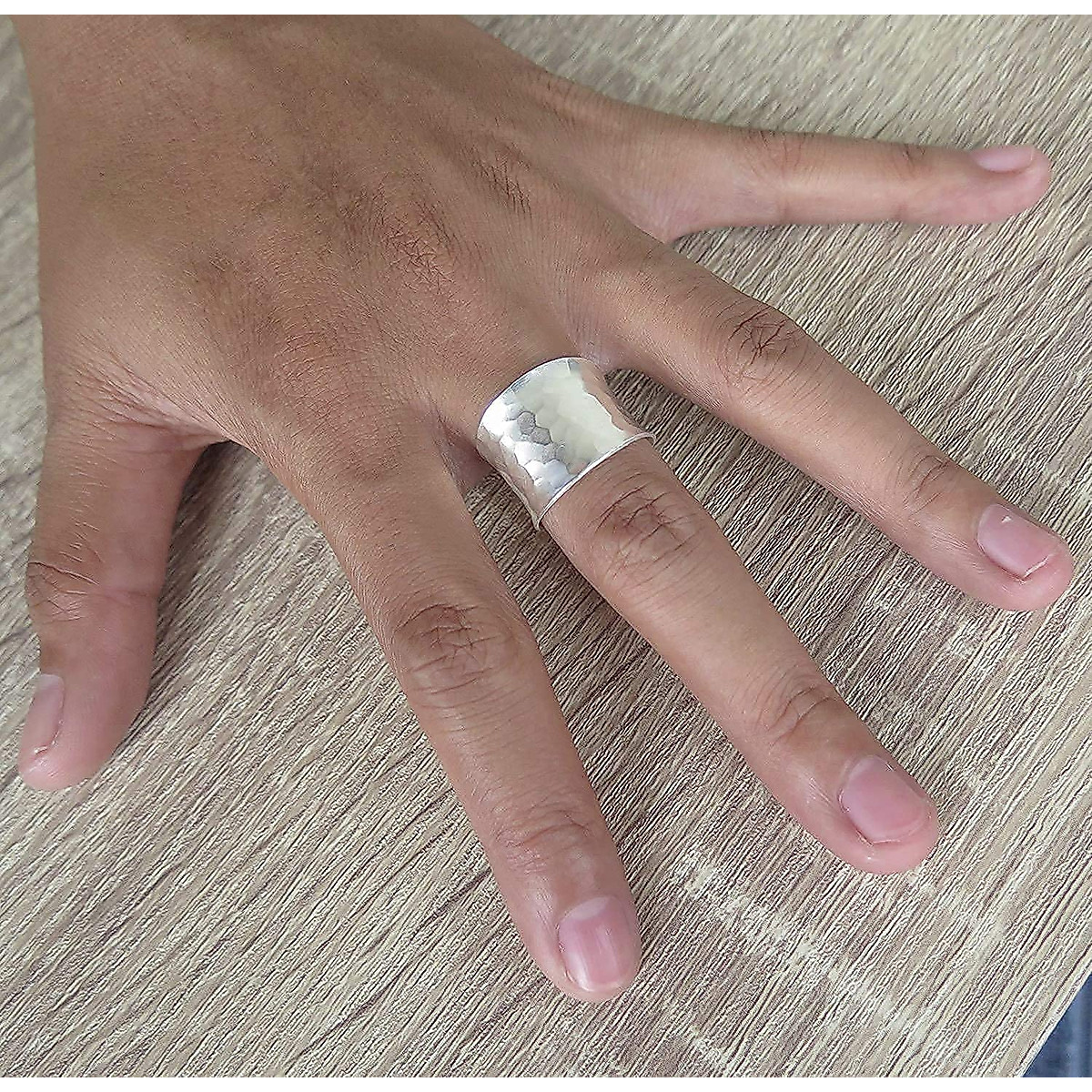 Hammered Sterling Silver Handmade Wide Band Ring, Classic Shiny Finish Wrap Band, Adjustable to Sizes 6-12, Can fit Also as Thumb ring, Gift for Her