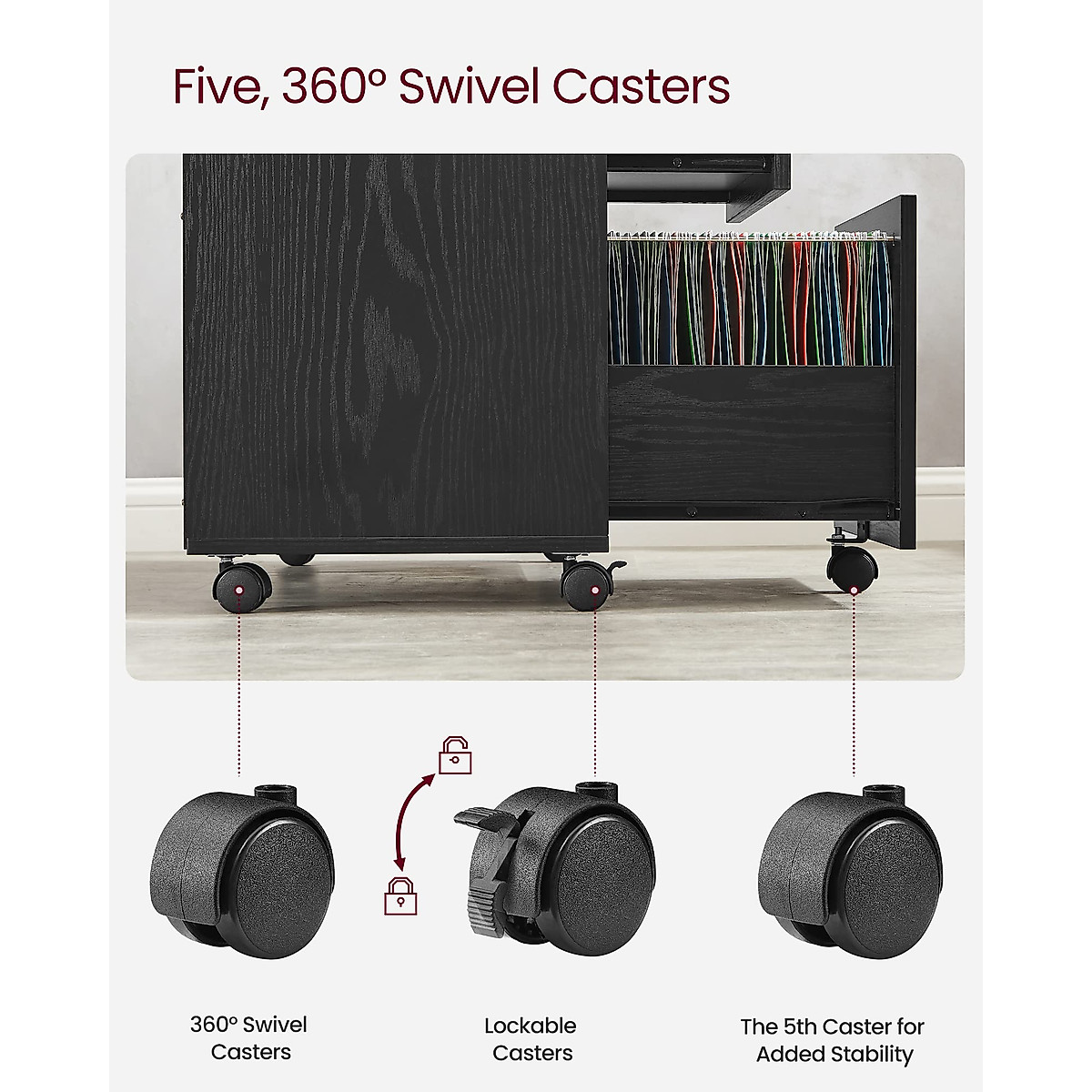 VASAGLE Lateral File Cabinet, Home Office Printer Stand, 3-Drawer Mobile Filing Cabinet with Open Storage Shelves, for A4, Letter-Size Files, Black with Wood Grain UOFC041B56