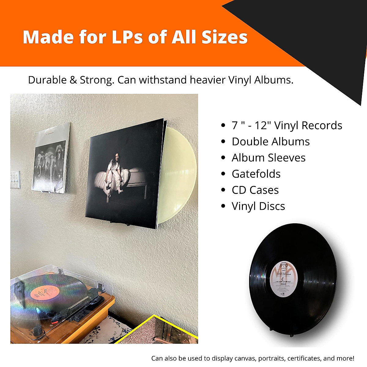 3d Lasers Lab Wall Mount for Vinyl Record Display [5-PACK]- Display Your Album Collection- Wall Damage-Free Shelf- Perfect for Office, Home, Dorms, Apartments- LP Holder (White, 5)
