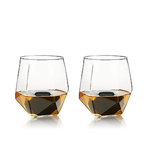 Viski 4-Piece Tumbler and Basalt Stone Set, Set of 2 Glasses, Rocks Glass with Whiskey Stones, Faceted and Hexagonal Design, Set of 4