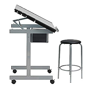SD Studio Designs Studio Designs 2 Piece Vision Modern Metal Hobby, Craft, Drawing, Drafting Table, Mobile Desk with 40.75" W x 25.75" D Angle Adjustable Top in Silver/Blue Glass