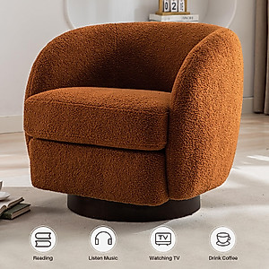 obmedin Swivel Accent Barrel Armchair with Wood Base Round Boucle Modern Upholstered Accent Chair for Nursery Living Room Bedroom Nursery Club, Burnt Orange