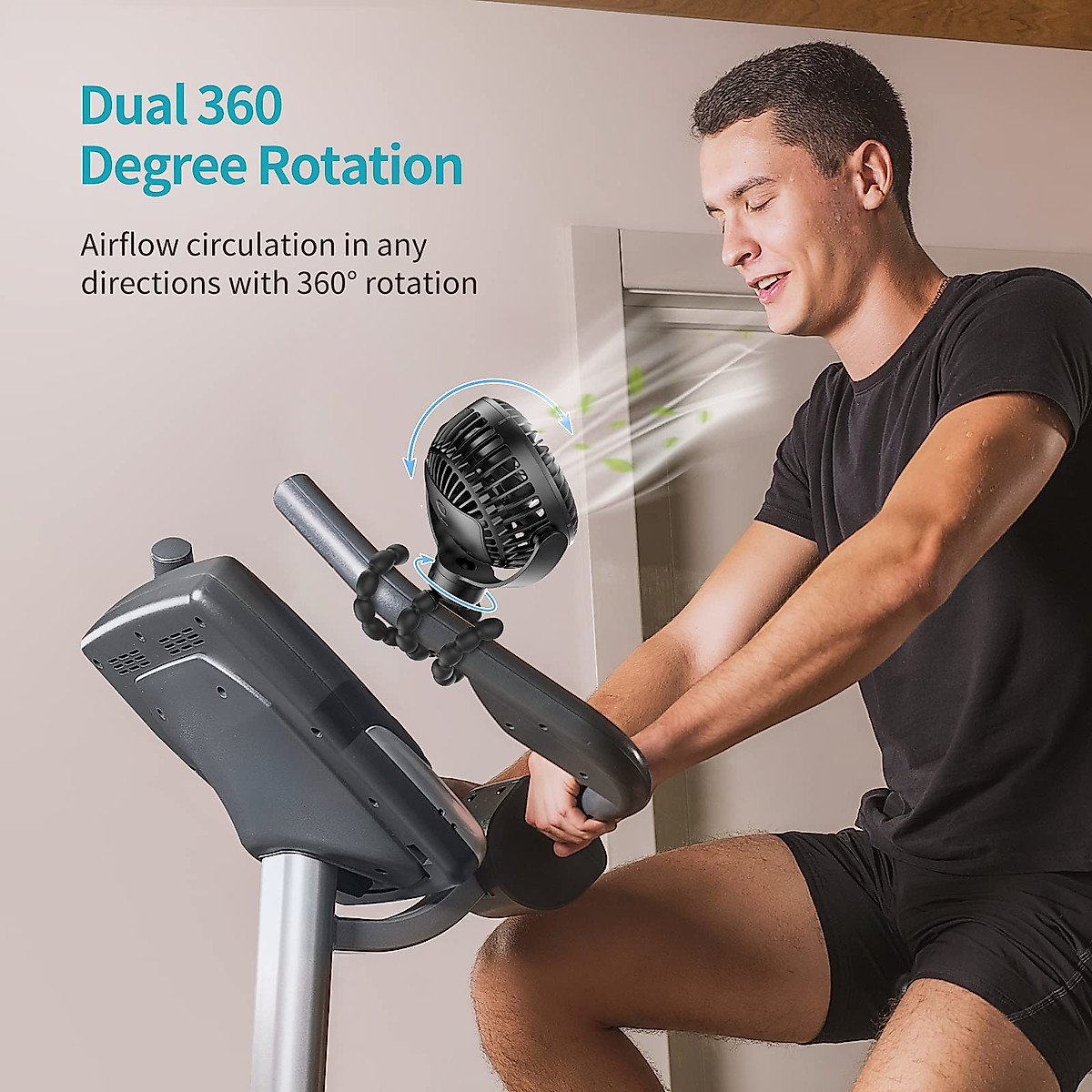 SMARTDEVIL Portable Stroller Fan, 4000mAh Small Battery Operated Baby Fan, 4 Speeds Car Seat Fan with Flexible Tripod, Dual 360° Rotatable, for Peloton Bike, Crib, Treadmill, Travel (Black)