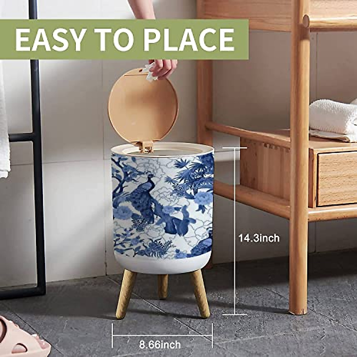 IBPNKFAZ89 Bathroom Small Trash Can with Lid Waste Basket Wooden Seamless Chinoiserie Style Birds Peonies Blue Color Cute Garbage Bin for Diaper Kids Bedroom Kitchen Office Dog Proof, 8.66x14.3inch