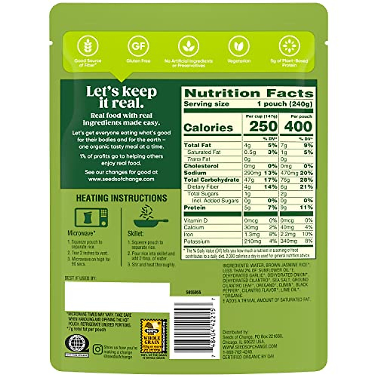 SEEDS OF CHANGE Organic Brown Jasmine Rice with Cilantro Lime, Organic Food, 8.5 OZ Pouch