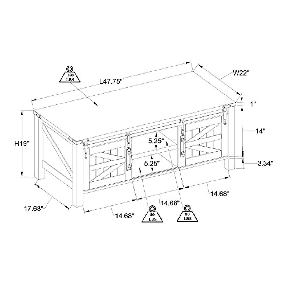 OKD 48-Inch Coffee Table Wood Cocktail Table Farmhouse Modern Center Rectangular Tables, with Sliding Barn Doors and Storage Cabinets Shelves, for Living Meeting Room, Dark Rustic Oak