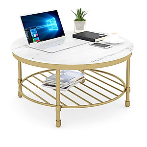 Gezen Round Coffee Table for Living Room, 2-Tier Modern Coffee Table with Open Storage Shelf, Industrial Rustic Steel Accent Table, Wooden Tabletop, Metal Frame - Marble White with Gold Frame