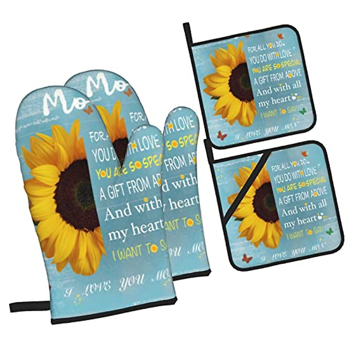 Firiseroh Oven Mitts and Pot Holders 4pcs - Sunflower High Heat Resistant Oven Gloves Potholders Set - Non-Slip Hot Pads for Baking, Cooking, BBQ Grilling