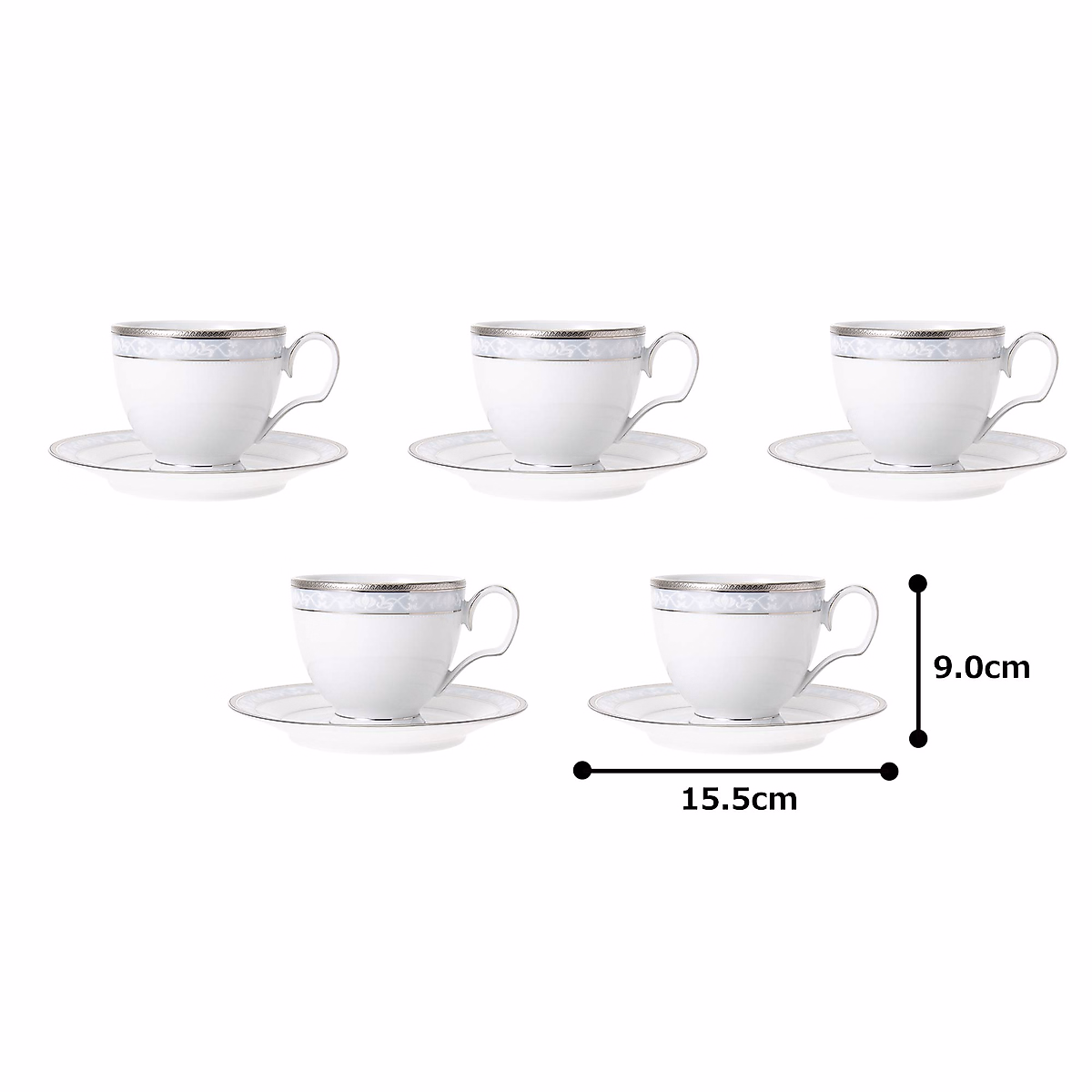 Noritake F91988/4336 Noritake Cup & Saucer Set (Can Be Used as Coffee and Tea, 8.5 fl oz (250 cc), Hampshire Platinum, 5 Servings, Fine Porcelain